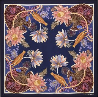 Ferragamo Damen Seidenhalstuch mit Seerosen-Print Blau