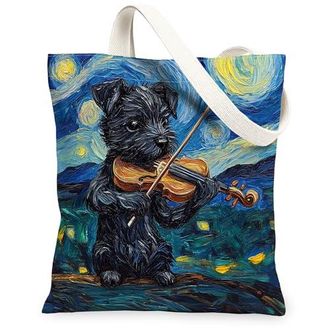 Generic Sac fourre-tout en toile r&eacute;utilisable pour le shopping Motif chien terrier &eacute;cossais 33 x 38 cm, motif violon nocturne &eacute;toil&eacute;, sac d&eacute;picerie pour femme