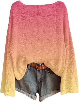 Generic Pull Femme Vintage Imprim&eacute; Floral Boh&egrave;me Pull Over Tricot&eacute; Chic Col Rond Manche Longue Sweater Motif Jacquard Tunique Grande Taille Ample Vetement 202