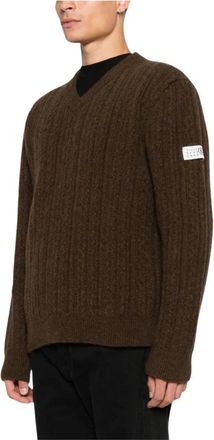 Maison Margiela Homme, Pulls, Brun, Taille: XL Pull en maille c&ocirc;tel&eacute;e &agrave; col en V