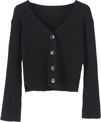 Generic Cardigan court &agrave; col en V pour femme - Style d&eacute;contract&eacute; - Manches longues - En tricot simple, noir, Taille Unique