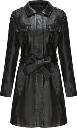 Generic Trench mi-long en similicuir avec fermeture &eacute;clair et manches longues et ceinture pour femme, Noir, XL