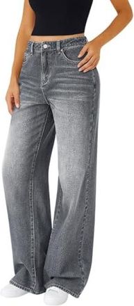 Generic Jean baggy taille haute avec patte de boutonnage, confortable, coupe ample, pantalon large, printemps automne, loisirs, jean d&eacute;contract&eacute;, droit, confo
