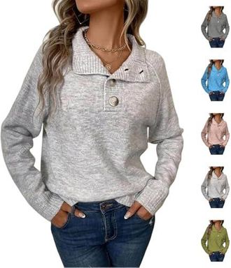 Generic Pull à col montant boutonné en tricot torsadé pour femme, nouveau col montant boutonné décontracté à manches longues pull ample, gris, XL