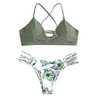 Generic Ensemble bikini push-up deux pi&egrave;ces pour femme - Dos nu - Taille haute - Triangle - Rembourr&eacute; - V&ecirc;tements de vacances pour femmes, vert militaire, M