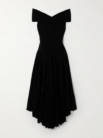 Alaia Off-the-shoulder Asymmetric Ribbed Wool Midi Dress - Black
