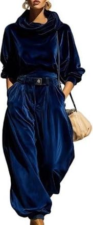 Generic Surv&ecirc;tement 2 pi&egrave;ces pour femme avec capuche et manches longues, pantalon large en velours avec poches, bleu, XXL