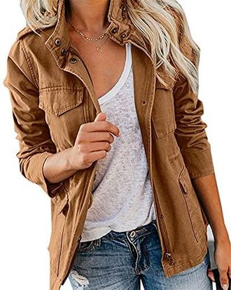 TOMWELL Veste Femme Militaire Blouson Parka pour Femme Mi-Saison Manteau Court Casual Zipper Jacket Poches Utility Jacket Automne Hiver Veste Manteau Outwear 