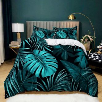 Generic Dunkles Cyan Bettw&auml;sche Set 180 x 200 cm, Tropische Bl&auml;tter Palmbl&auml;tter B&uuml;gelfrei Bettbezug Set, Weich Atmungsaktiv Microfaser Kinderbettw&auml;sche mit 2 