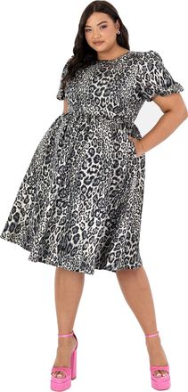 Lovedrobe Damen Womens Ladies Midi Dress with Pockets Leopard Crew Neck Short Sleeve Back Keyhole A Line Shimmery Kleid, Leopard, 46 EU
