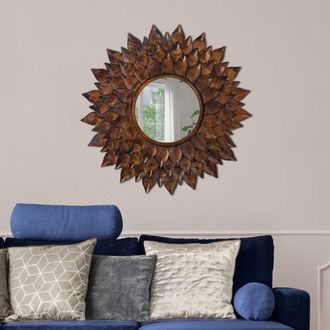 WOMO-DESIGN Dekorative Wandspiegel Sonnenblume Rio de Janeiro Ø73cm Unikat aus Glas/Metallrahmen Braun, Runder Spiegel, Moderner Dekospiegel, Design Hängespiegel,