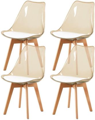 Eggree Lot de 4 chaises salle &agrave; manger avec pieds en bois de h&ecirc;tre, chaises de cuisine transparentes marron avec coussin en cuir PU blanc
