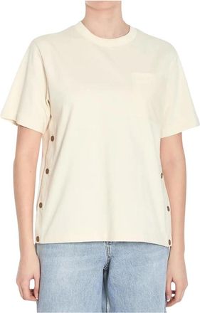 Moncler Femme, Tops, Beige, Taille: 40 FR T-shirt &agrave; col rond avec d&eacute;tail boutonn&eacute;