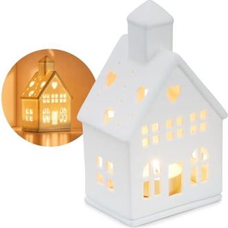 Com-Four Photophore en Porcelaine - Maison en Porcelaine Mate avec Pied pour Bougie Chauffe-Plat - Maison Lumineuse - Décoration de pièce élégante en Forme de 