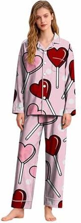 Generic Pyjama de Saint-Valentin pour femme - Tenue de Saint-Valentin avec noeud, motif coeurs et boutons - Pyjama doux 2 pi&egrave;ces - Legging de sport 3/4 pour f