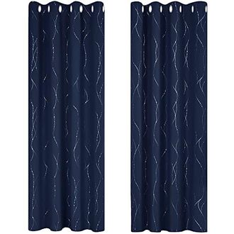 Deconovo Lot de 2 Rideau pour Salon &agrave;?illets Rideaux Isolants Occultant Thermique Anti Froid 140x175cm Rideau de Porte Imprim&eacute; Lignes et Points Argent&eacute;s Bleu M