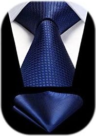 Hisdern Cravate à carreaux pour homme avec mouchoir tissé classique pour homme Cravate bleu foncé et pochette de costume