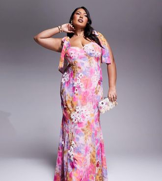 Asos Curve - Maxikleid mit Blumenmuster und Verzierung-Rosa