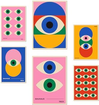 Nacnic Lot de 6 Affiches Couleurs et yeux vibrants g&eacute;om&eacute;triques Bauhaus illustration design pour d&eacute;corer les murs de la maison. Chambres, bureau A3 et A4 San