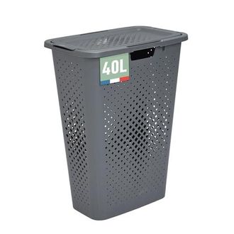 Sundis Pixel, Wäschekorb mit deckel 40l, aus recyceltem Kunststoff, grau, ideal für kleine Räume, 2 seitliche Griffe und 1 Griff an der Unterseite, Belüftung