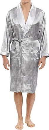 Feoya Peignoir Homme Satin avec Shorts Robe de Chambre Homme en Soie Artificielle Manches Longues Kimono Grande Taille pour Pintemps Eté Automne Argent 3XL