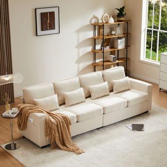STILVORA Canap&eacute; Droit 4 Places avec Poches dAccoudoirs et 4 Coussins, Dossier Haut, Assise Confort en Lin Beige
