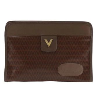 Valentino Sac Clutch Pr&eacute;-owned Mario V Logo en PVC - Homme - Pre-owned - Brun - Taille: ONE Size