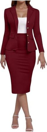 Minetom Tailleur Femme Ensemble de Costume 2 Pi&egrave;ces Manches Longues Veste Blazer et Jupe Crayon El&eacute;gant Formel Bureau Travail Slim Fit Ensemble B Rouge M