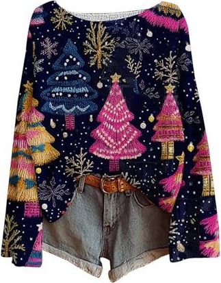 Generic Pull tricoté pour femme avec motif sapin de Noël - Léger - Confortable et doux - Pour les vacances - Coupe ample - Pull fantaisie festif, bleu, 3XL