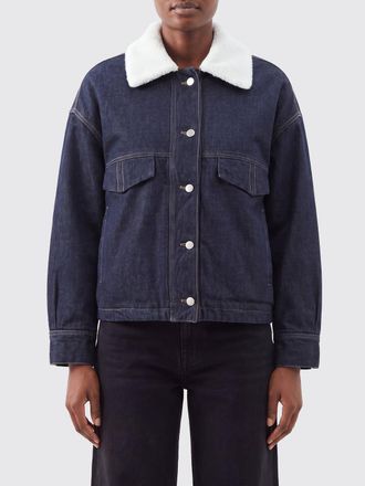 Tela Jeansjacke aus schwarzer Baumwolle mit Pelzkragen