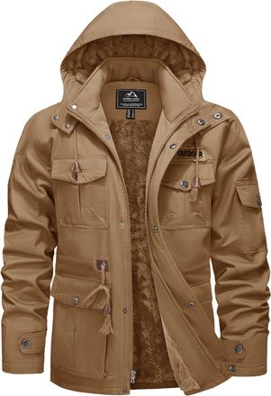 KEFITEVD Herren Winterjacken Fellkapuze Herrenjacke Winter Gef&uuml;ttert Fleecejacke Warm Baumwolljacke Windjacke Outdoor Freizeit Jacke M&auml;nner Khaki M