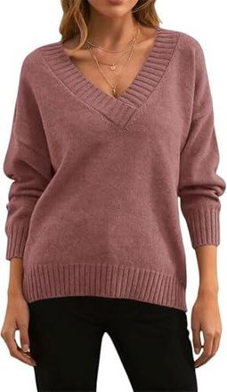 Generic Pull court à manches longues raglan double face et col en V pour femme, pull court dautomne uni décontracté en tricot, rouge brique, 4XL