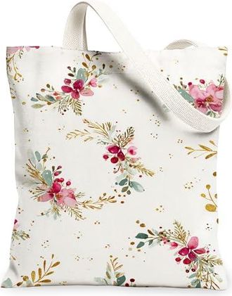 Generic Sacs fourre-tout en toile florale, sacs d&eacute;picerie r&eacute;utilisables, vintage l&eacute;gers et lavables avec bandouli&egrave;re en toile F, blanc, 13x15 Inch