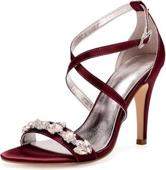 Generic Sandales Stylet Talons Bout Ouvert Femmes Satin Chaussures Mariage Mari&eacute;e Et&eacute; Talon Mariage Soir&eacute;e Chaussures Femmes10.5Cm,Burgundy,37 EU