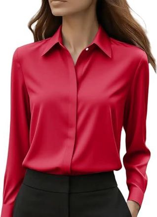 Generic Chemisier en satin élégant à manches longues et col boutonné pour femme, Rouge, XXL