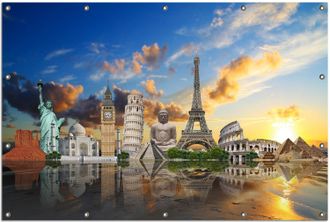 Wallario Outdoor-Poster f&uuml;r Garten oder Balkon Weltwunder auf einen Blick, Motivbanner Gr&ouml;&szlig;e: ca. 120 x 180 cm, Outdoor-Bild