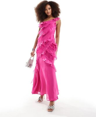 Asos Robe longue asymétrique volantée en satin et mousseline - Rose fuchsia