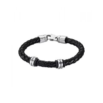 Lotus Armband f&uuml;r Herren aus Edelstahl und Leder in der Farbe Silber und Schwarz, Durchmesser: 22 cm, LS2093-2/1