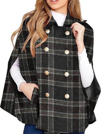 Generic Cape dhiver &agrave; carreaux pour femme, cape &agrave; double boutonnage avec poches pour femme, veste dhiver &agrave; carreaux, Noir, XXL