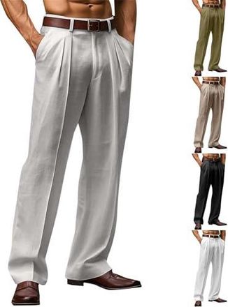 Generic Pantalon l&eacute;ger en coton et lin pour homme - Pantalon d&eacute;t&eacute; d&eacute;contract&eacute; intelligent pliss&eacute; jambe droite Pantalon de surv&ecirc;tement l&eacute;ger et respirant Panta