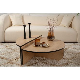Calicosy Calicosy - Table Basse Gigogne Ronde Bois en Ch&ecirc;ne Miel et Noir, Deux Pi&egrave;ces, 90x30x60 cm et 85x35x30 cm, Design Polyvalent, Pour Salon ou Bureau