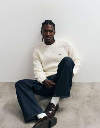 Lacoste grob gerippter Strickpullover in Wei&szlig;