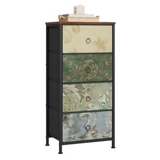 Woltu Commode &agrave; 4 Tiroirs en Tissu, Chiffonnier, Meuble Rangement, pour Chambre/Entr&eacute;e/Salon, Marron Rustique+Noir+Motif de Fleur Vintage, Cadre en M&eacute;tal, 4