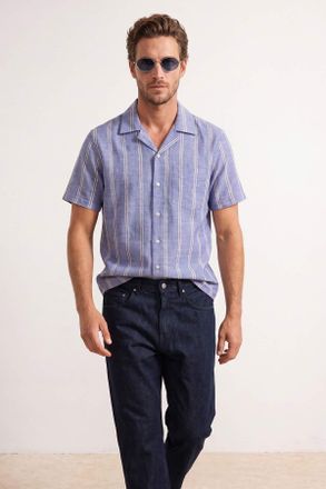 Trendyol MAN Herren Blau Gestreift Kurz Regular Fit Hemden