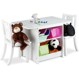 Relaxdays Relaxdays - Kindersitzgruppe albus mit Stauraum, 1 Tisch und 2 St&uuml;hle aus Holz, Kindertischgruppe f&uuml;r Jungen und M&auml;dchen, wei&szlig;