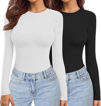 Ekouaer Hauts Thermiques Femme &agrave; Manches Longues Chemises Basiques Col Rond 2 Pi&egrave;ces Maillot de Corps T-Shirt Chaud, Noir + Blanc XS
