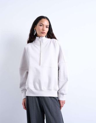 Topshop Lang&auml;rmliges Sweatshirt aus Interlock-Stoff in Steingrau mit Stehkragen und Rei&szlig;verschluss-Neutral
