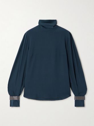 Brunello Cucinelli Blouse À Col Montant En Crêpe De Chine De Soie À Perles - Bleu