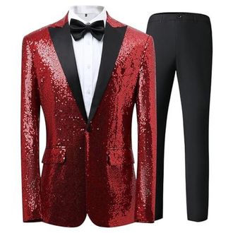 Generic Smoking &agrave; paillettes pour homme 3 pi&egrave;ces Coupe ajust&eacute;e Un bouton Robe Costume Veste Blazer Brillant Ensemble avec noeud papillon, Rouge, 4XL