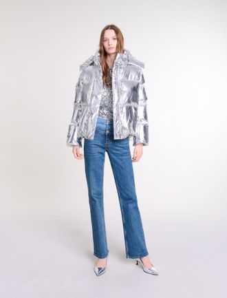 Maje Silberne Daunenjacke Mit Kapuze - Gr&ouml;&szlig;e 32 - Maje